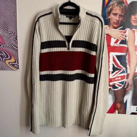 Point Zero | Sweaters | Point Zero Cream And Red Zipup Sweater | Poshmark